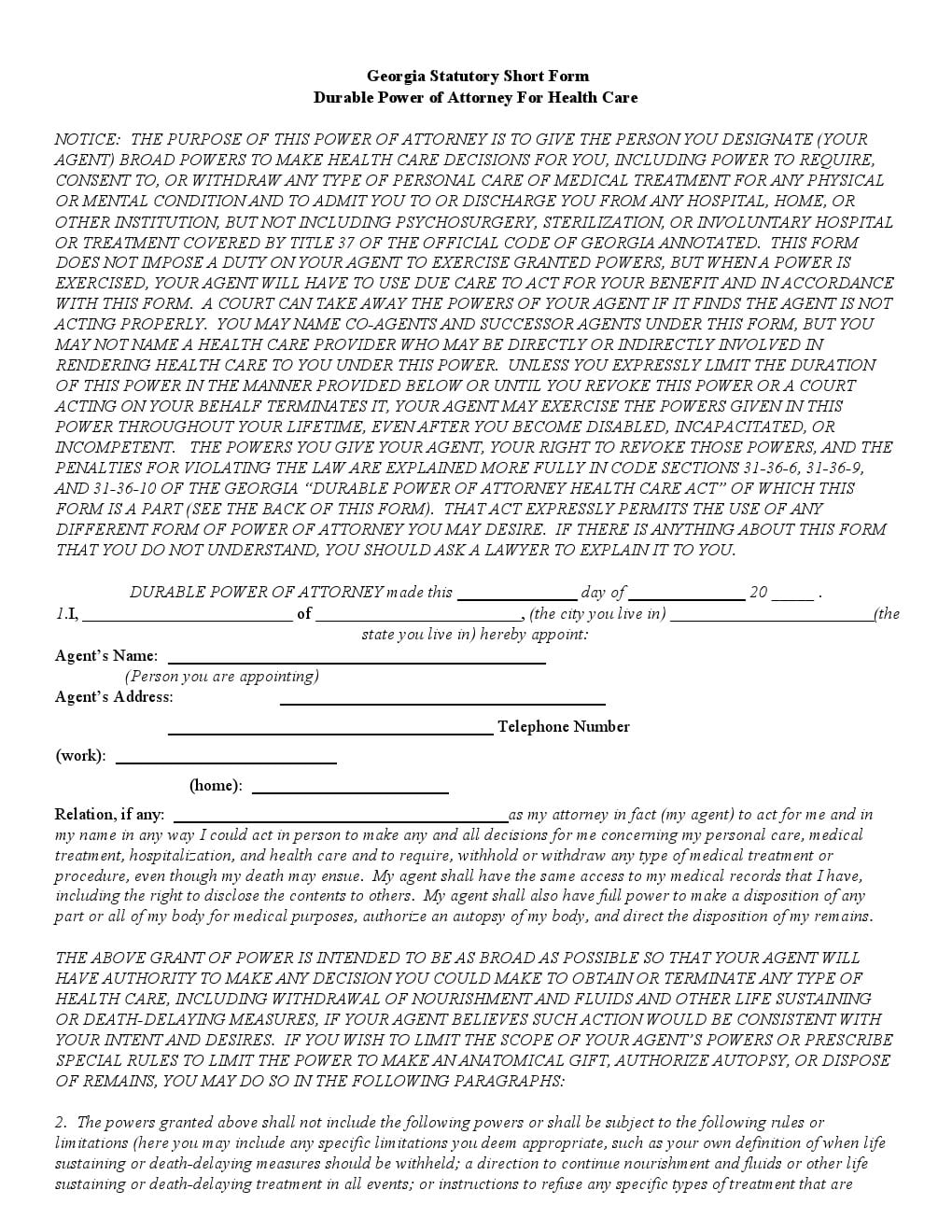 Free Georgia Statutory Durable Power Of Attorney For Health Care 